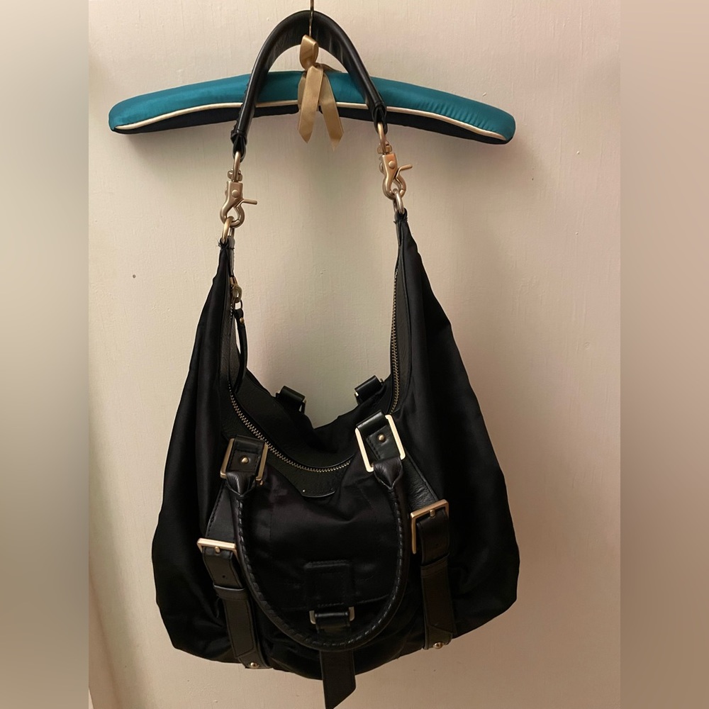 Botkier Sasha Medium Duffle Hobo Black Satin + Leathe… - Gem